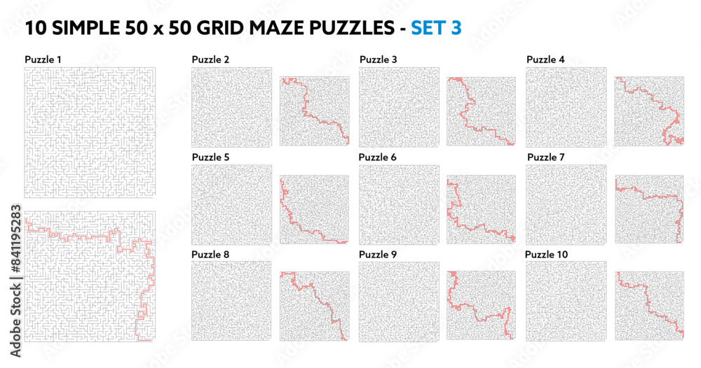 10 Easy 50x50 Grid Mazes with Solutions – Vector Puzzles for Printable ...