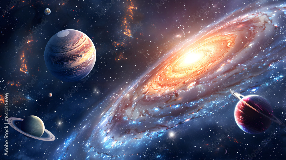 Planets of the solar system against the background of a spiral galaxy ...