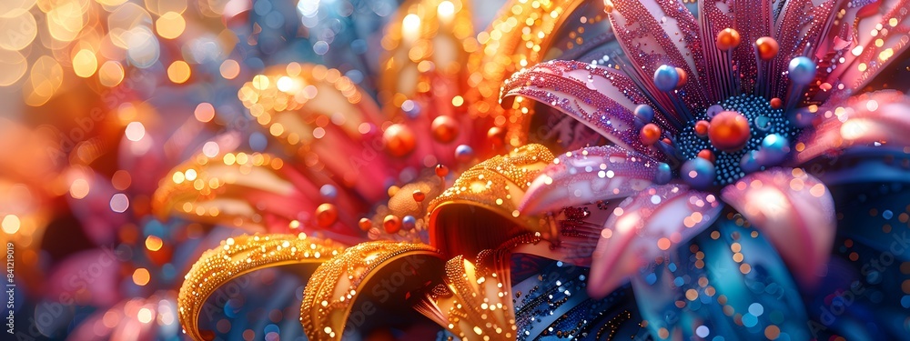 Closeup view of intricate and colorful parade float featuring vibrant ...