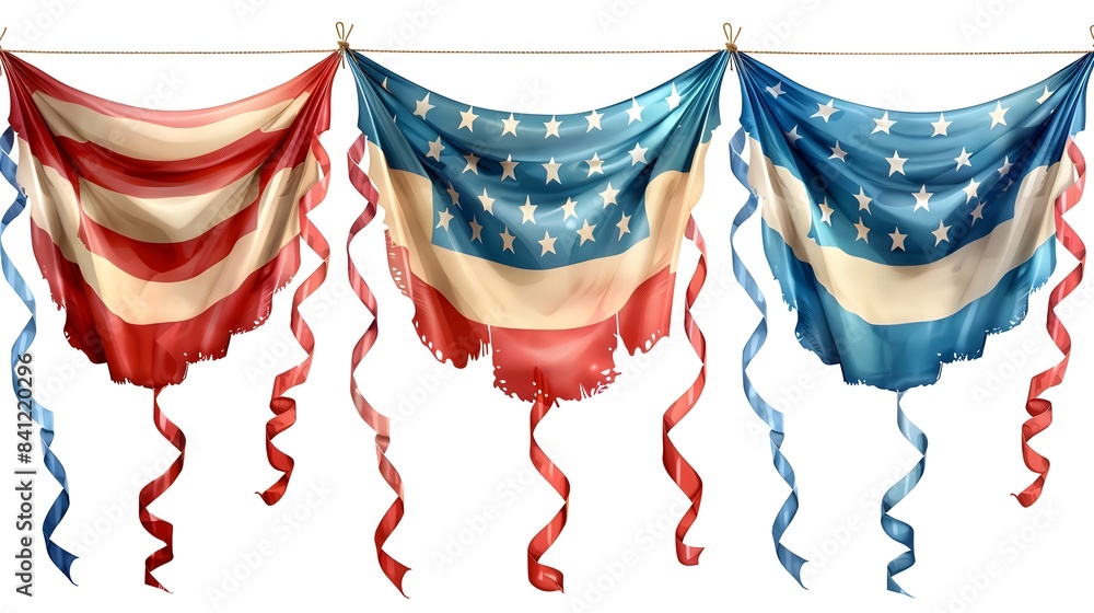 Detailed of patriotic American flag bunting and hanging streamers in ...