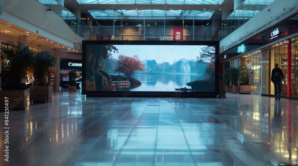 Modern shopping mall with a giant screen showing a serene nature ...