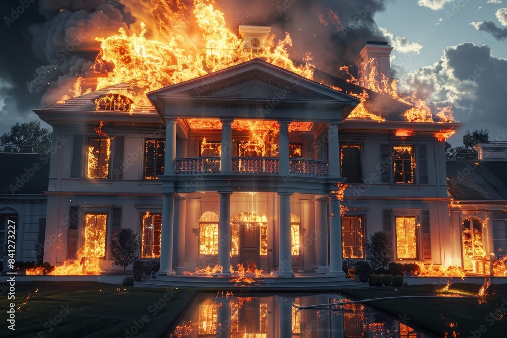 modern white mansion burning fiercely movie scene day showing dramatic ...