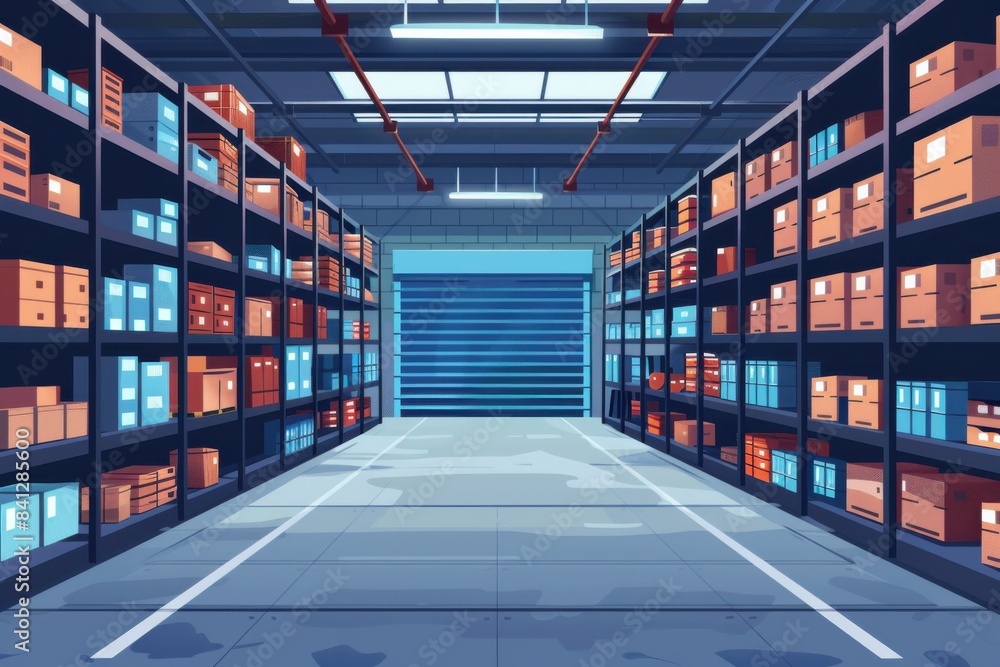 Illustration of a well-organized warehouse with stacked boxes and ...