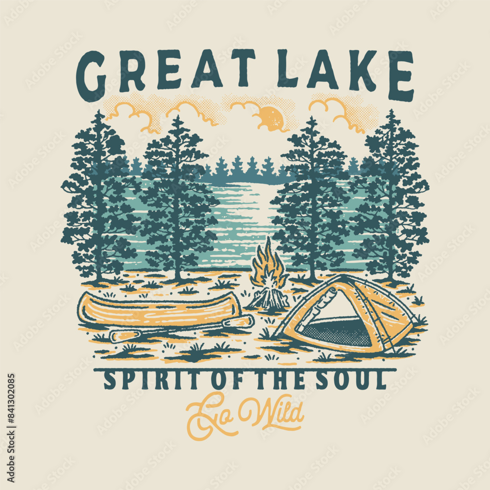 lake illustration canoe graphic camping design forest badge camp fire ...