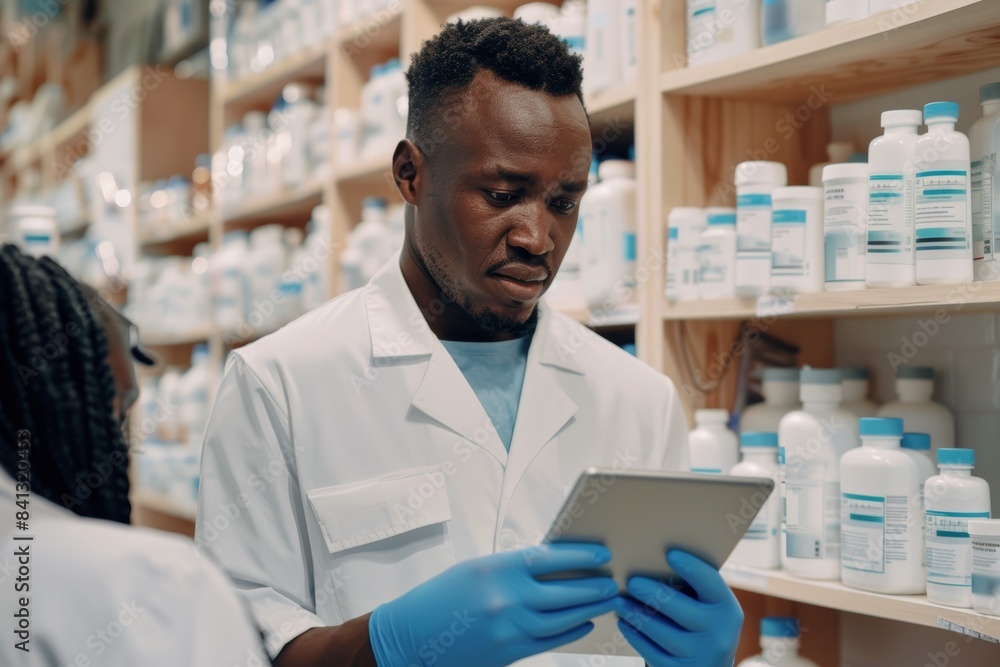 Science, black man, tablet, research, chemist, typing, lab, and focus ...