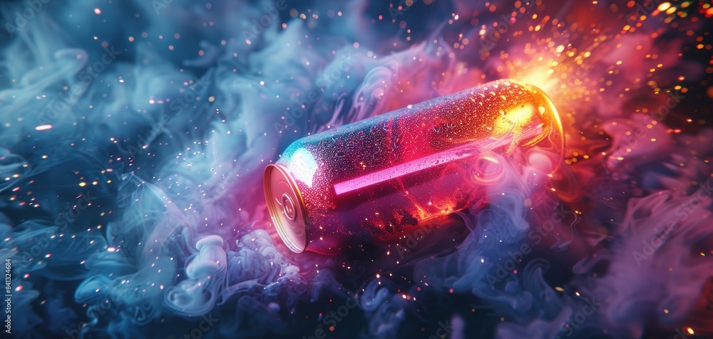 Futuristic glowing capsule floating in vibrant smoky environment ...