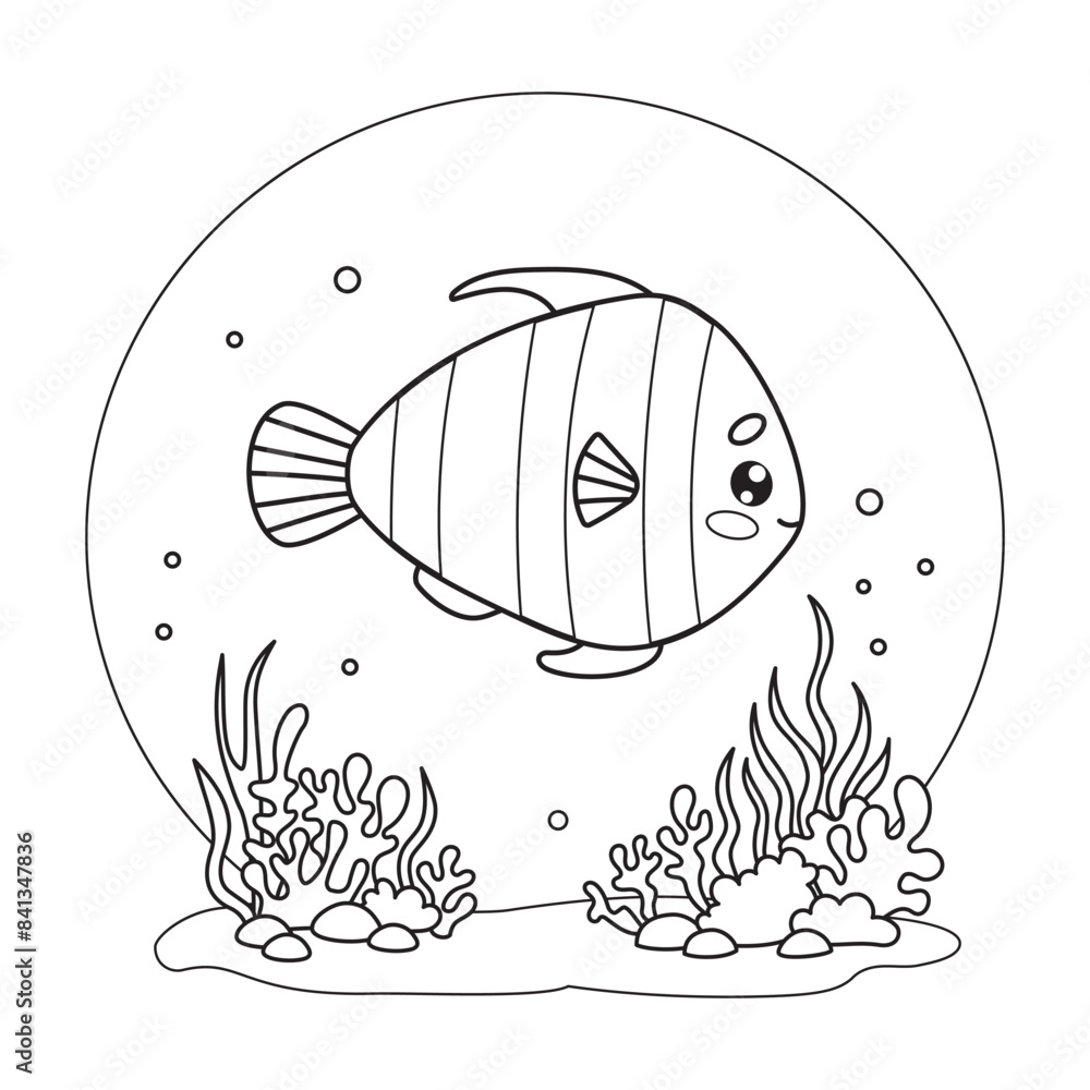 Outline fish with algae, coral and sandy bottom. Underwater world with ...