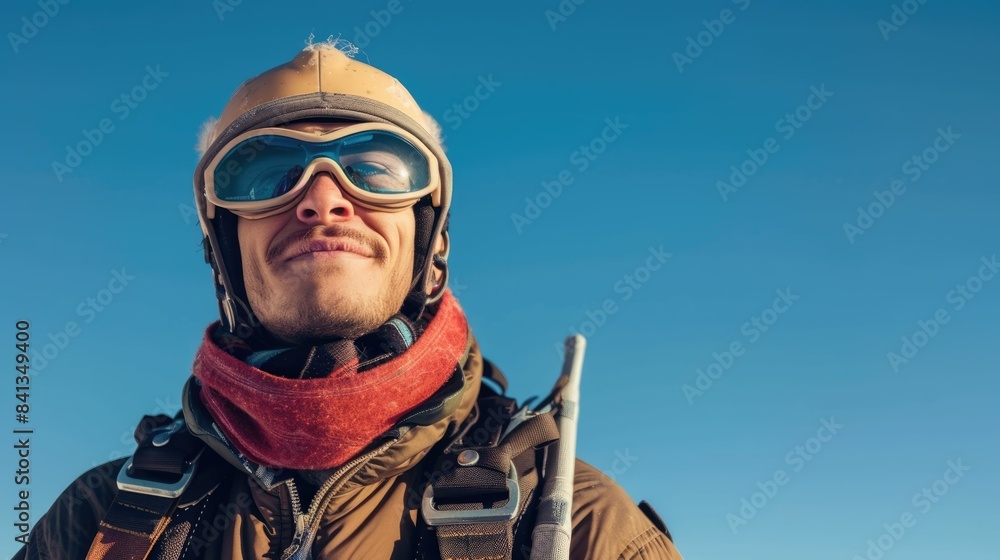 The picture of the professional skydiver wearing goggle doing skydiving ...