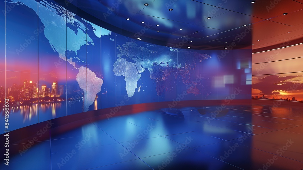 Futuristic News Studio with World Map Backdrop in Blue - Ideal for Zoom ...
