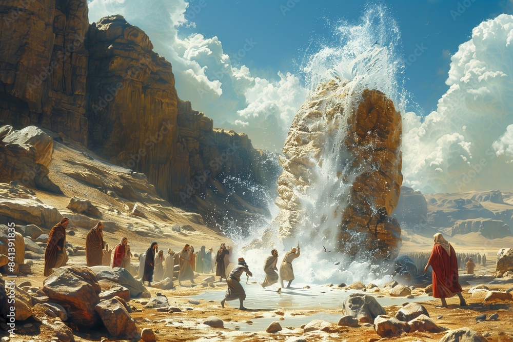 Moses Strikes Rock: Water Flows, Israelites Drink - Dynamic Desert ...