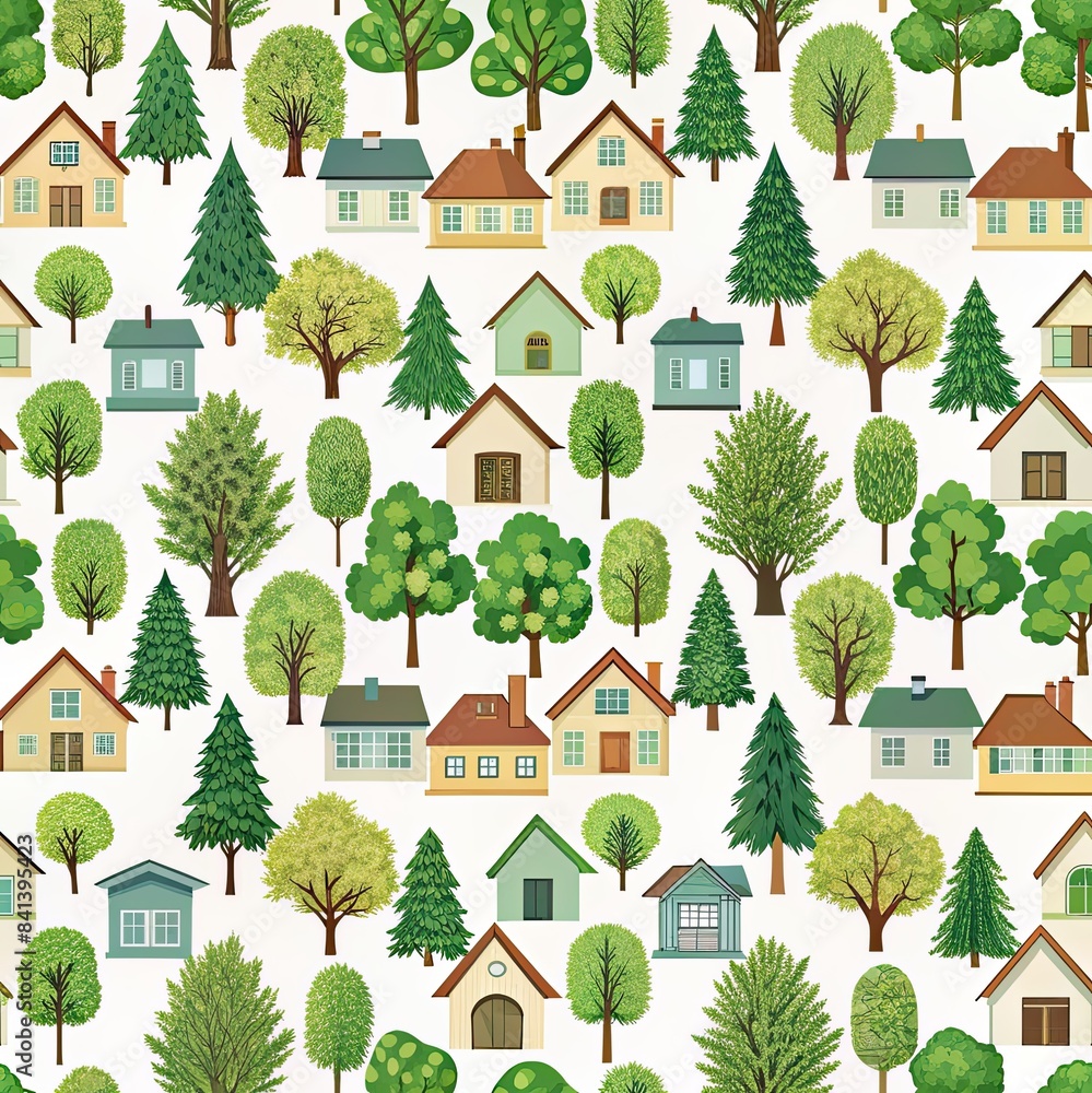 This image shows a seamless pattern of illustrated homes and green ...