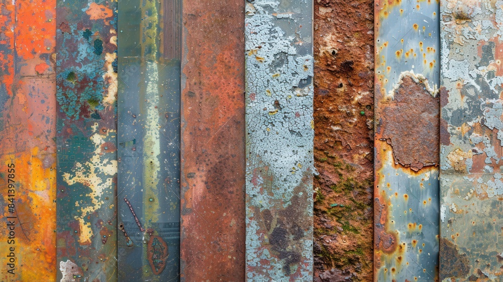 The rusted metal surface with a blue background. The surface is covered ...