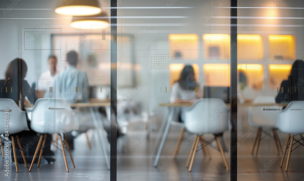 Business meeting in a modern office with blurred figures visible ...