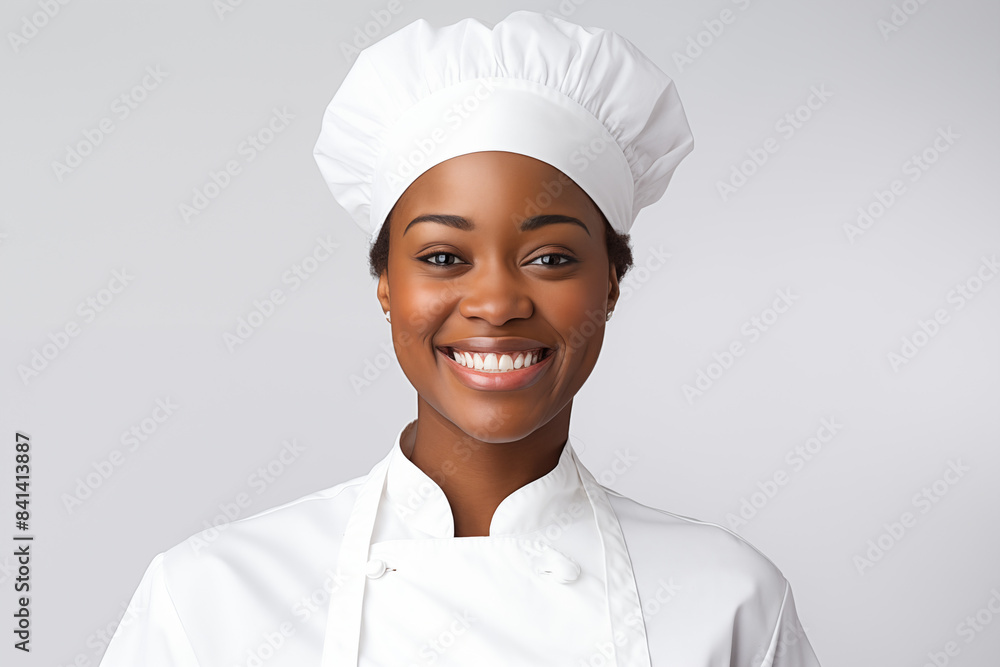 Smiling black pastry chef on white background. Bakery professions ...
