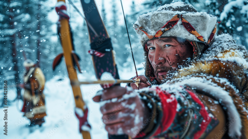 Members of the Sami tribe hunting in the winter forest, wearing ...