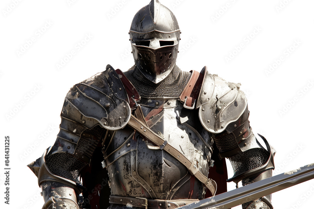 Medieval knight in full armor and helmet with sword, ready for battle, representing bravery and ...