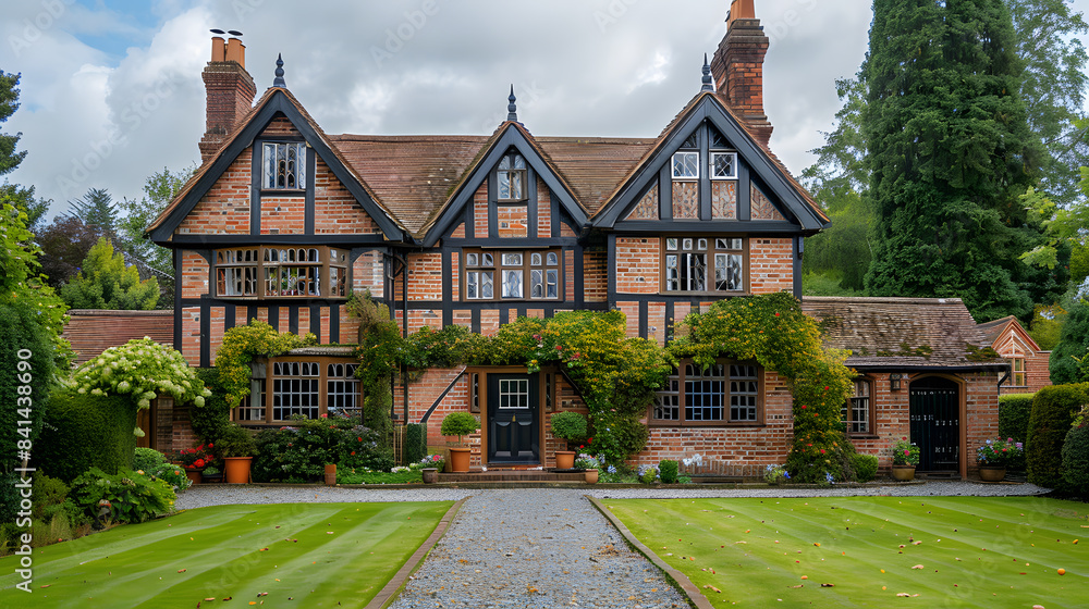 A Tudor-style house combining brick façades with timber framing and ...