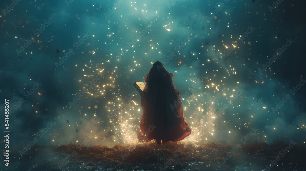 Enchanting Scene of a Young Witch with Floating Spell Book and Glowing ...