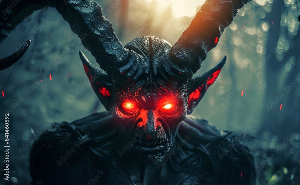 Eerie horned creature with glowing red eyes in a dark forest. Demon ...