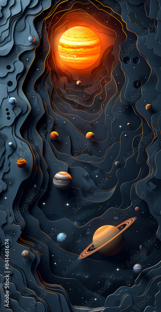 A dark gray background with the planets of our solar system rendered in ...