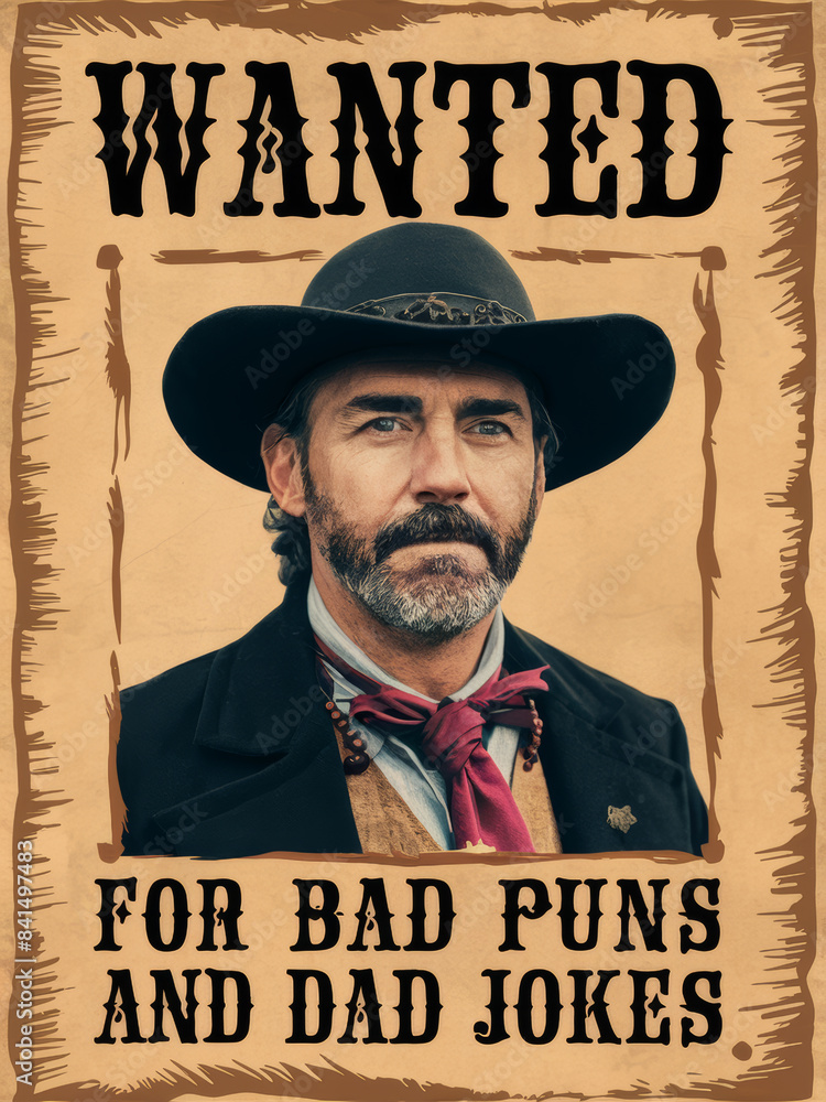 A humorous wanted poster featuring a serious-looking man in cowboy hat ...