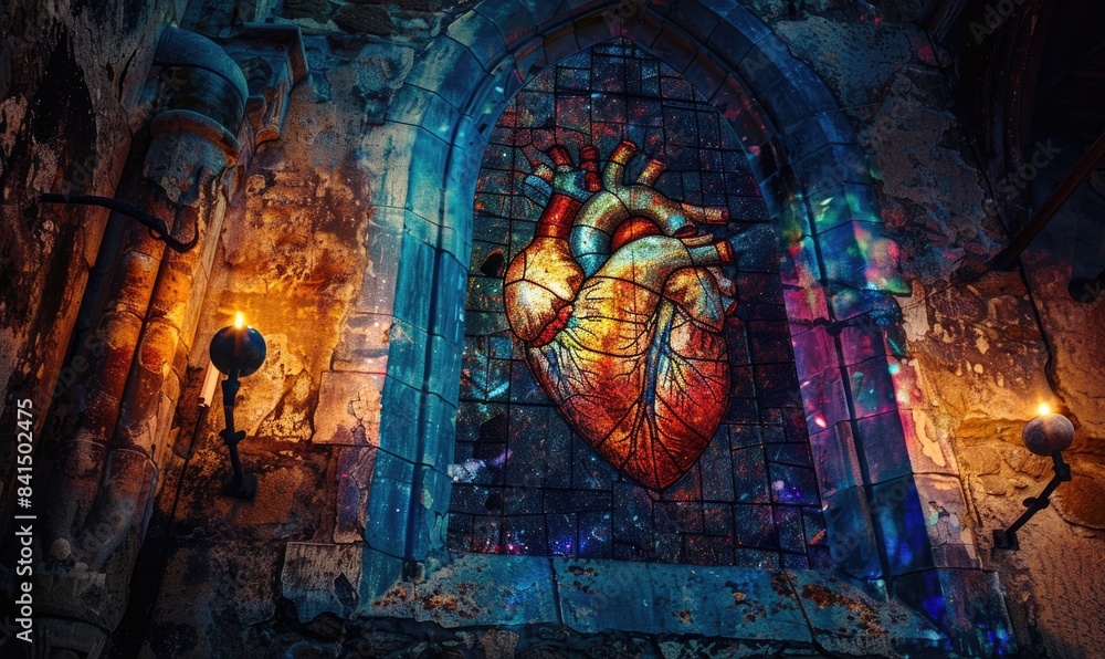 Stained glass mosaic of a human heart, part of an ancient temple's ...