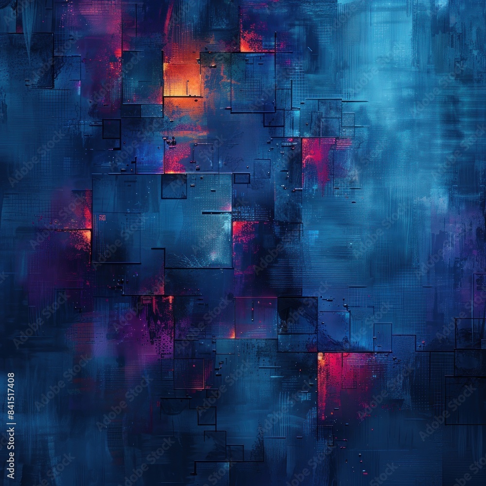 Minimalist pixel art, square and rectangular blocks, blue color palette ...
