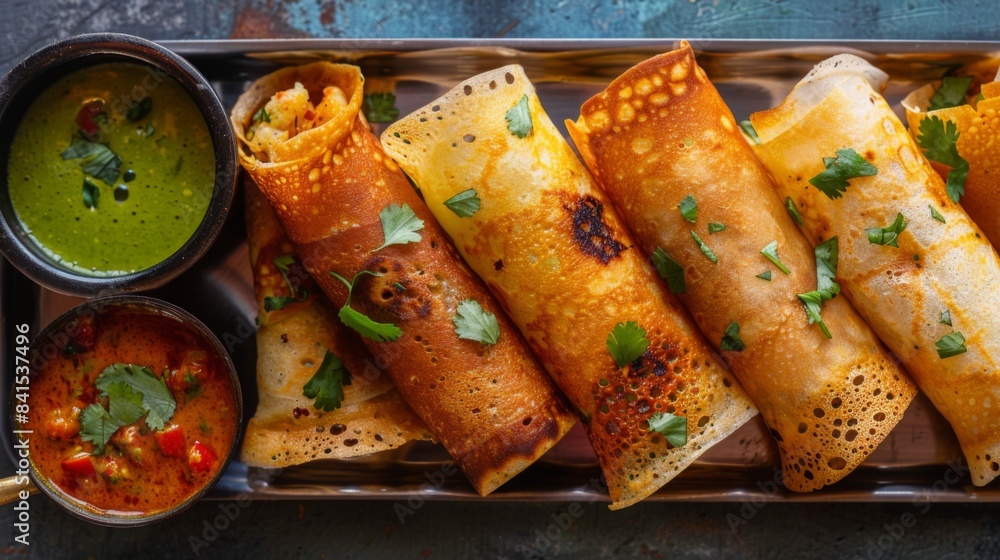 A tray of fragrant and flavorful masala dosa, featuring crispy crepes ...