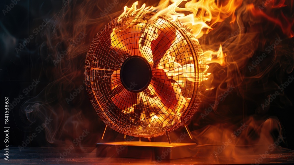 Dramatic table fan with flames, cinematic product photography, studio ...