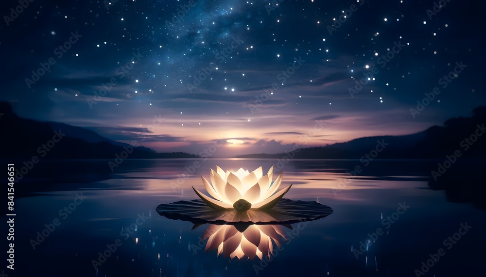 A glowing lotus flower floating on a calm lake under a starry night sky ...