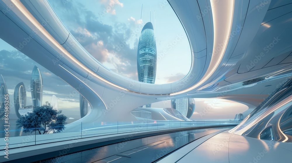 Design a scene of a futuristic smart building with integrated ...