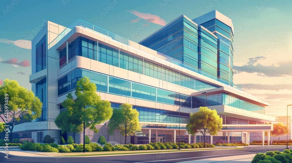 Illustrate a modern hospital building with sleek design and advanced ...
