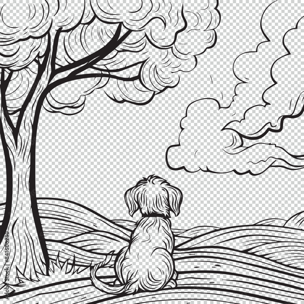 Dog, tree and landscape for kids coloring pages, black vector ...
