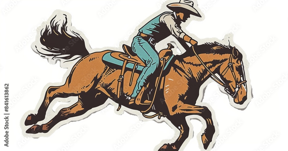 Using a bucking bronco, a cowboy rides a vintage retro cartoon. Stock ...