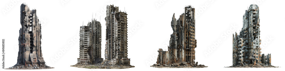 Ruined skyscrapers. post-apocalyptic buildings isolated on transparent ...