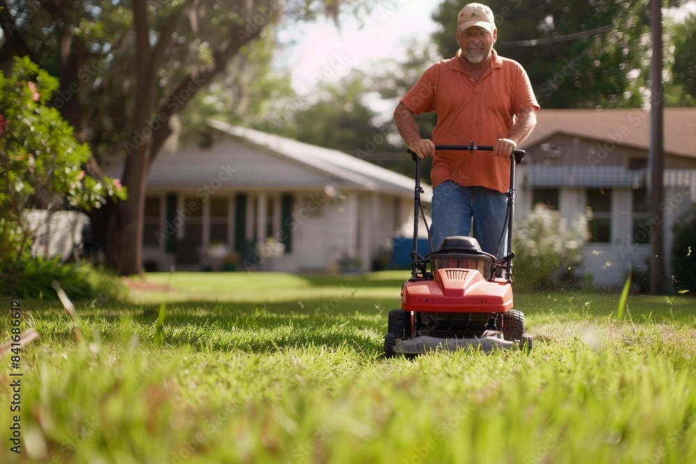 With each sweep of the mower, the man's backyard lawn transforms, the once-overgrown vegetation ...