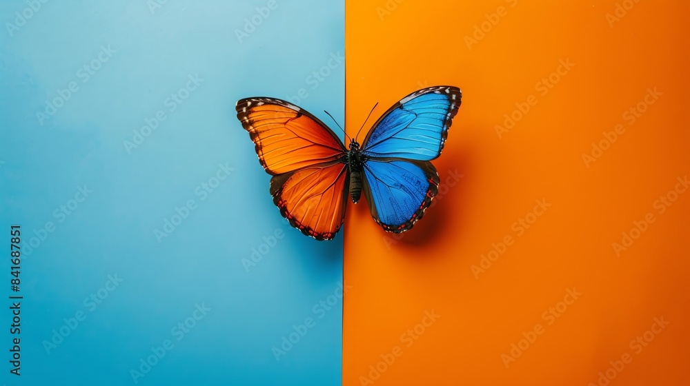 A butterfly split in half, with one side orange and the other blue on ...