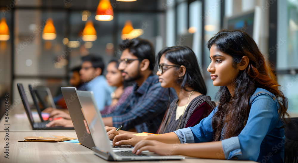 Diverse group of Indian office workers working on laptops in a modern ...