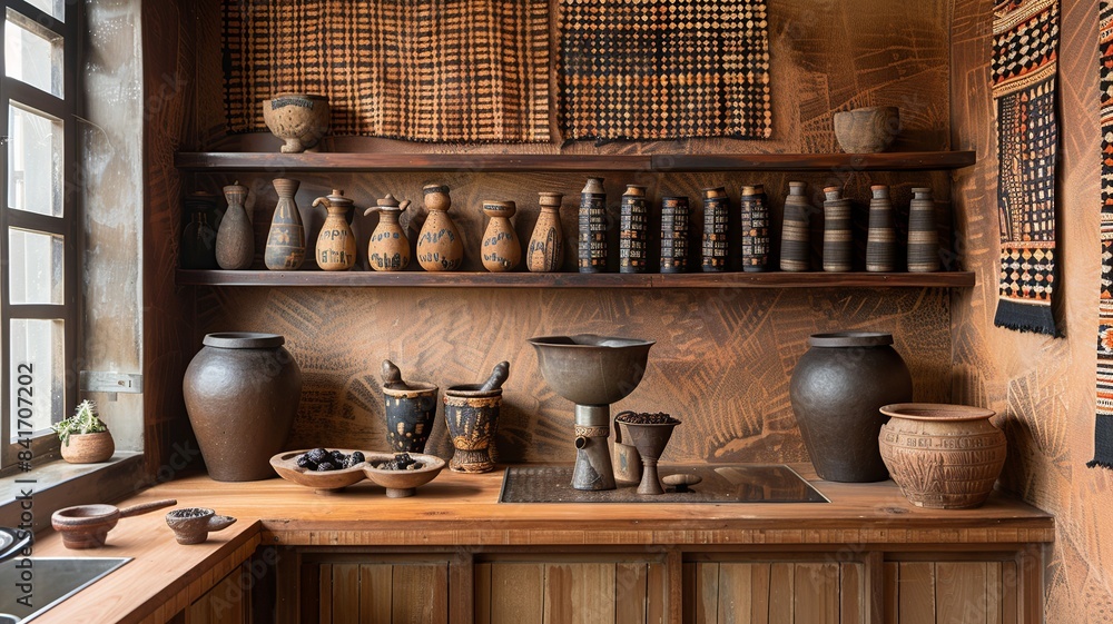 This image depicts a rustic countryside African kitchen, featuring mud ...