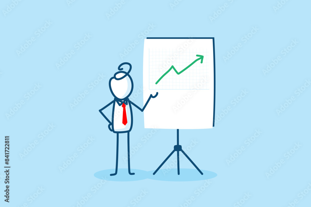 businessman stick figure character presenting growth marketing data on a presentation screen ...