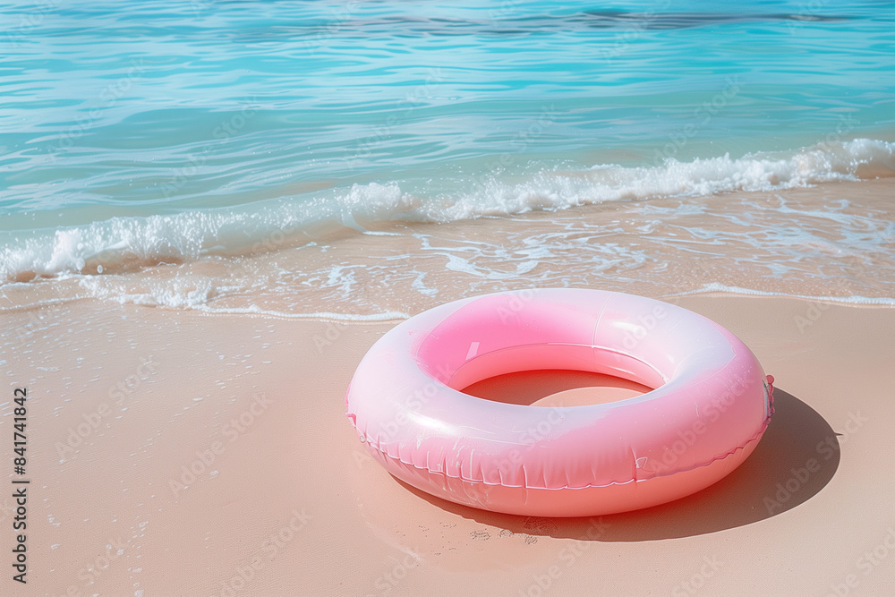 pink inflatable ring on the beach, surrounded by blue water and sand ...
