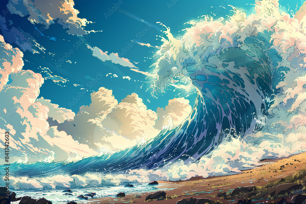 tsunami, natural disaster, tsunami wave, beach, sea, city, cartoon ...