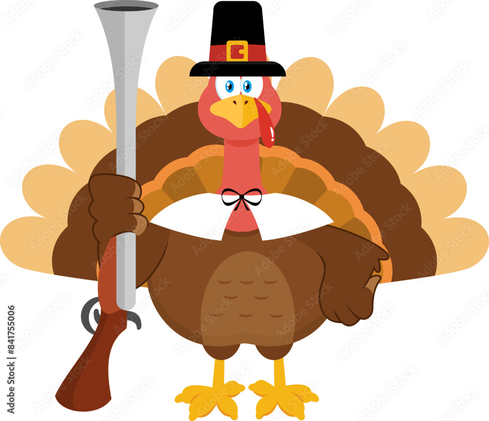 Cute Pilgrim Turkey Bird Cartoon Character Holding A Musket. Vector ...