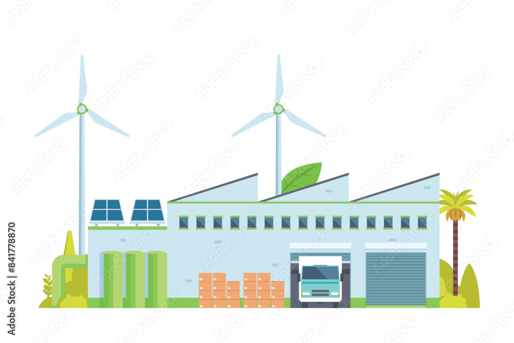 Sustainable Smart Green Factory building illustration, vector elements ...