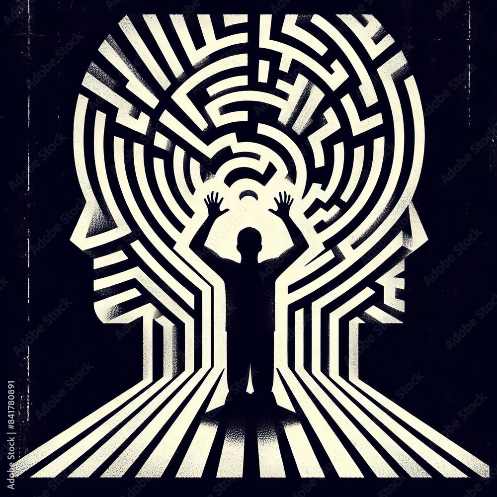 Dynamic Silhouette with Maze Pattern and Raised Hands in Retro Style ...