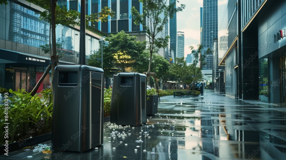 Smart bins equipped with IoT sensors in a high-tech city, featuring ...