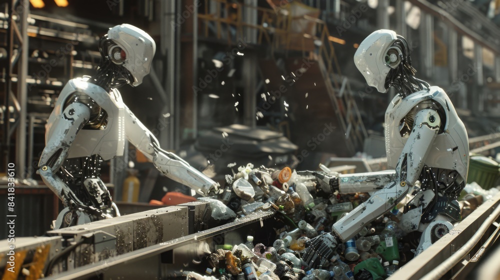 Robots sorting waste in an industrial setting, showcasing cutting-edge ...