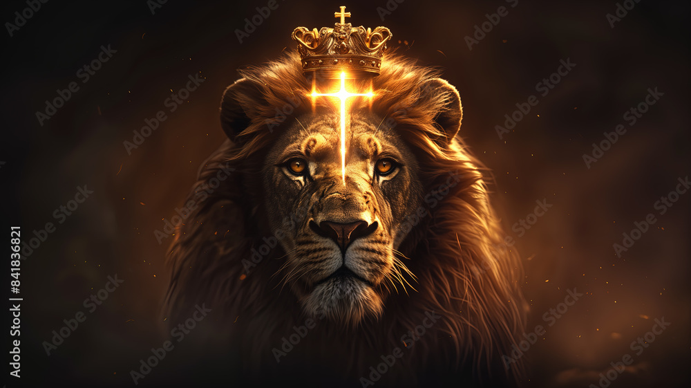 Lion with a crown and a christian cross wallpaper symbolizing ...