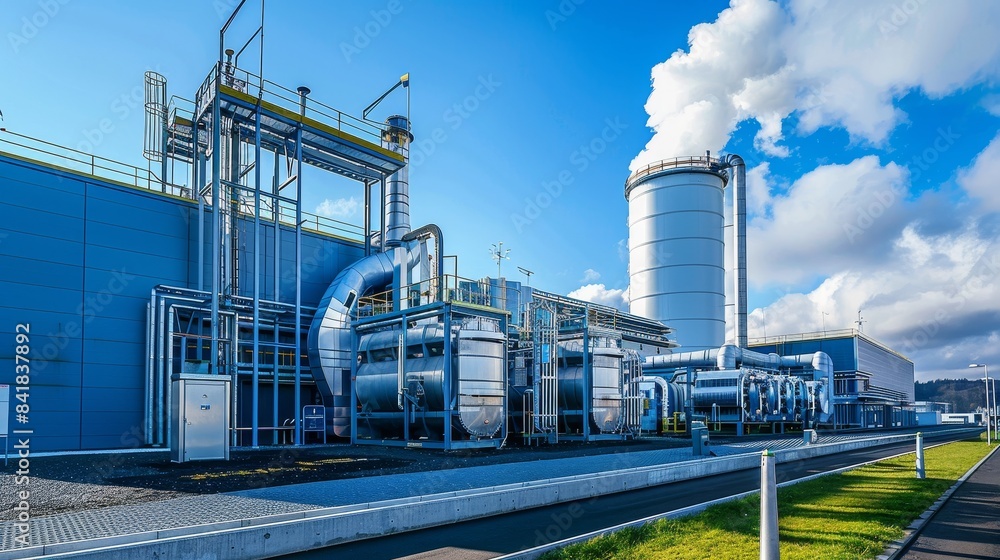 Bright sunny exterior of hydrogen plant, H2 gas storage tanks ...