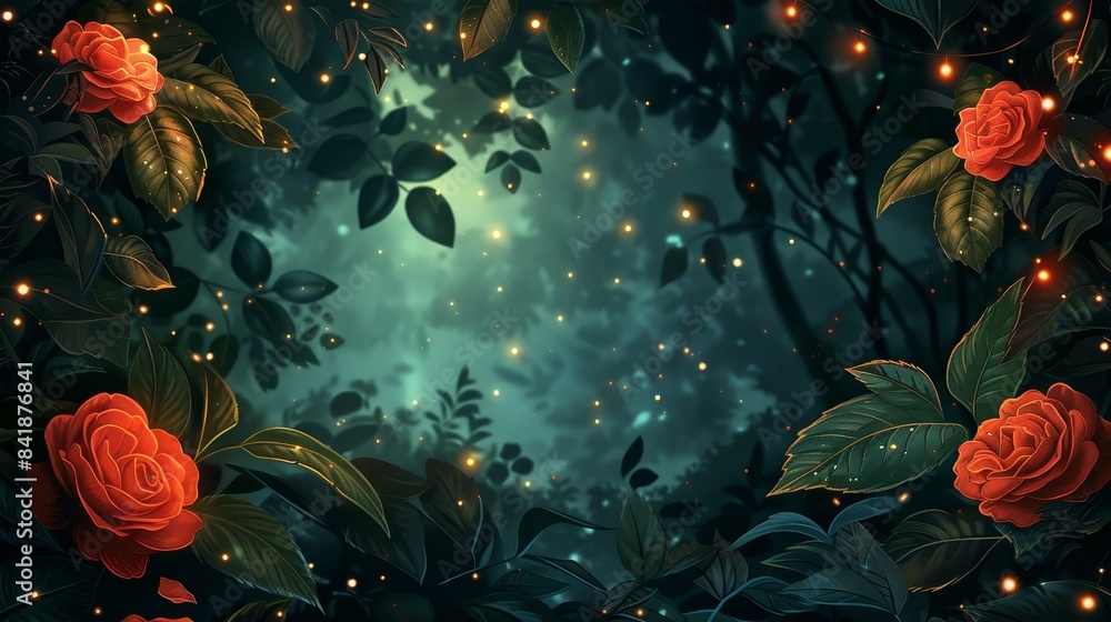 Red roses with green leaves and glowing fireflies creating a magical ...